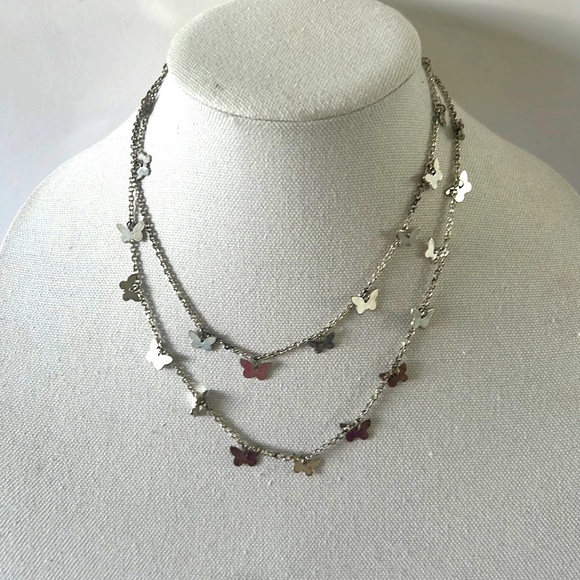 Jewelry | Reflective Butterflies Silver Chain Necklacedouble Strand Or ...